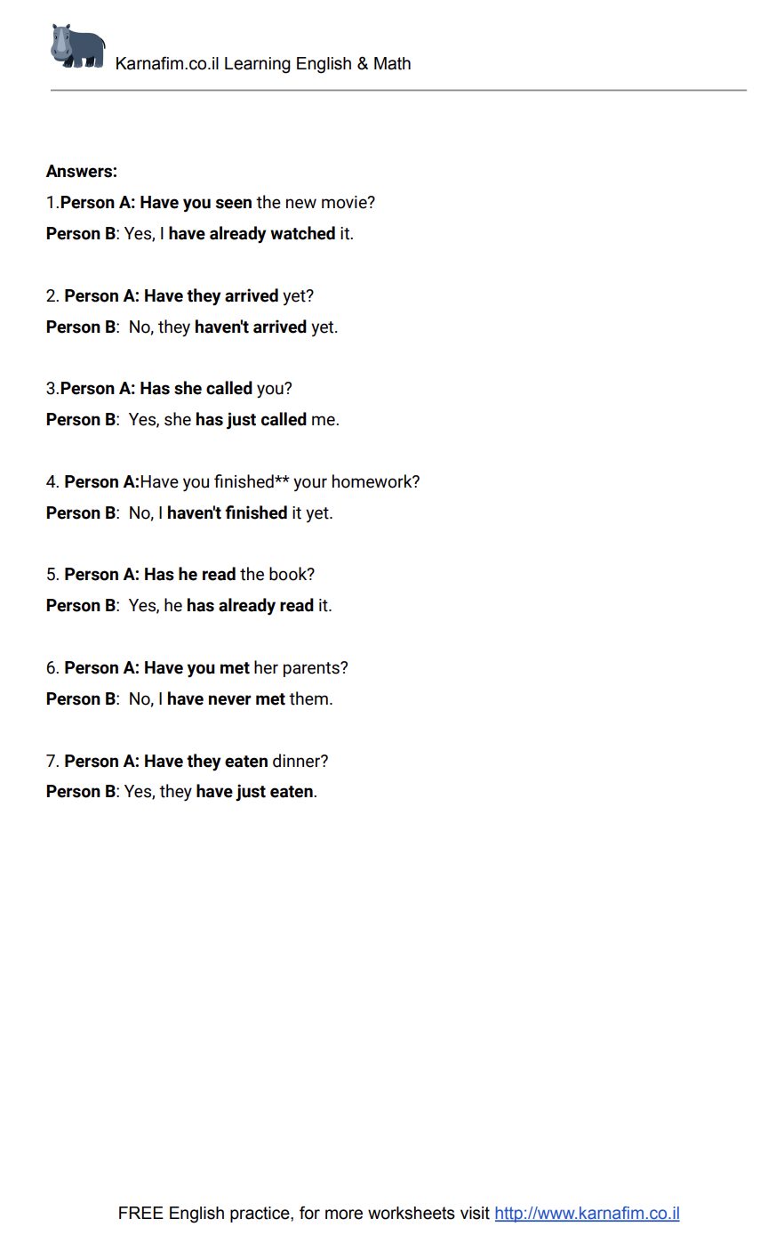 תרגול Present Perfect - השלמת דיאלוג-1 - קרנפים - דפי עבודה בחשבון 🦏